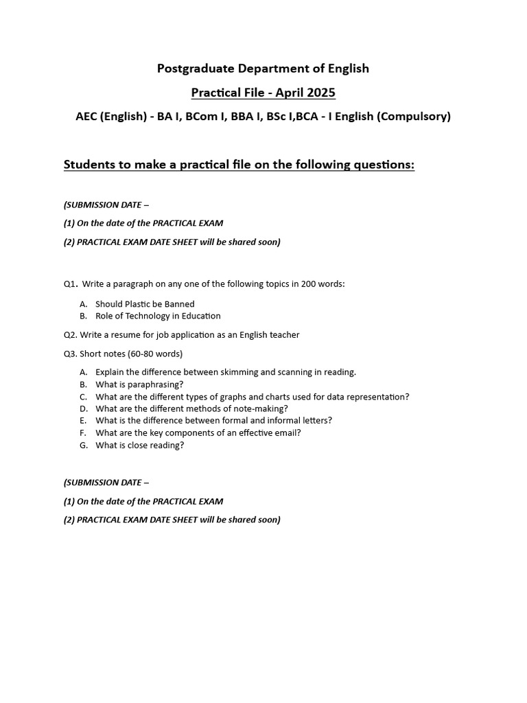 AEC Practical File - April 2025 - PG Deptt of Eng | PDF