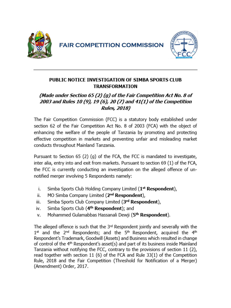 Investigation of Simba Sports Club Merger | PDF | Government | Public Law