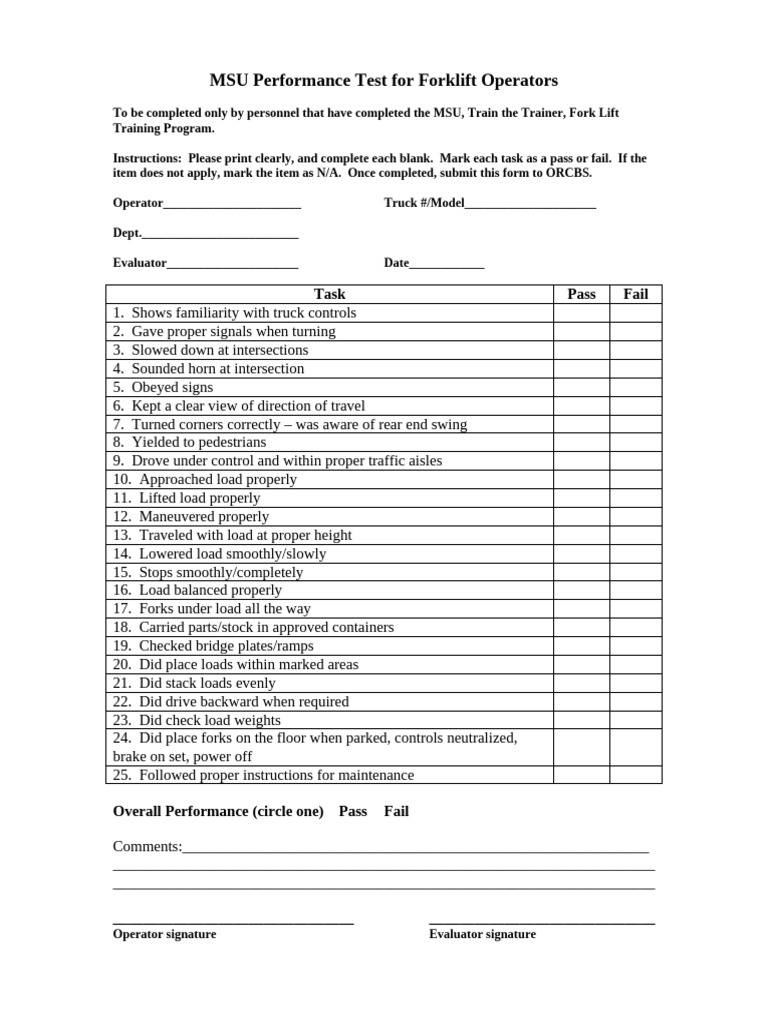 MSU Performance Test For Forklift Operators | PDF