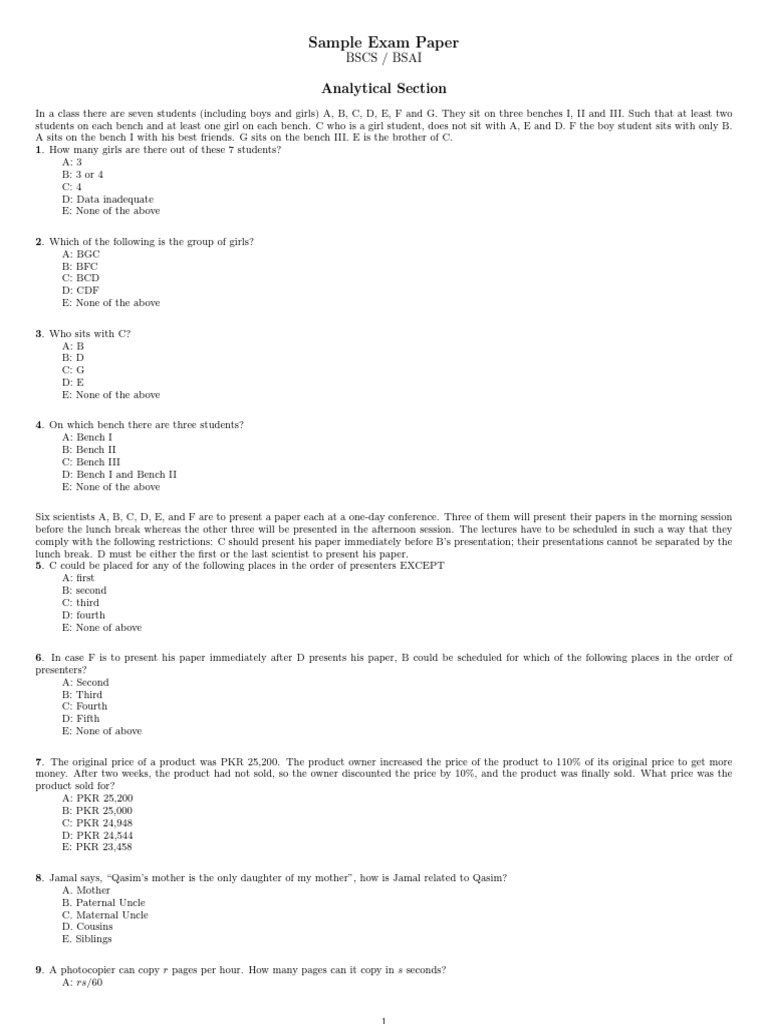 Sample Exam Paper BSCS BSAI Admission 2025 | PDF | Inequality ...