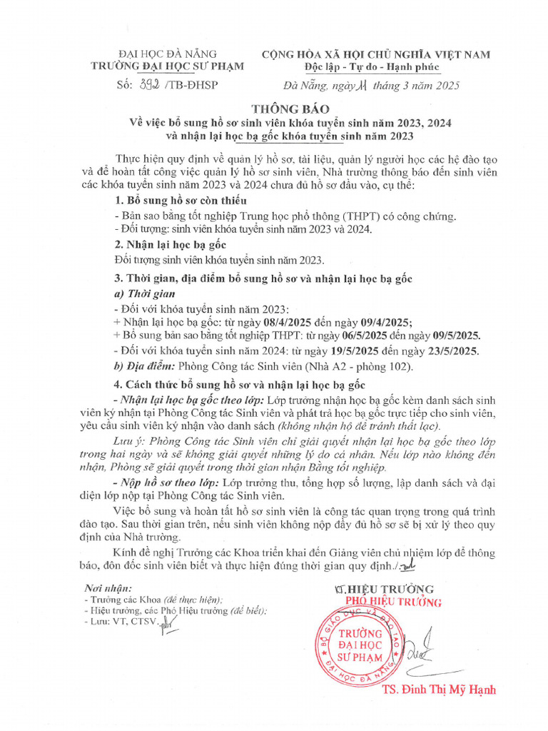 392-TB - DHSP Bo Sung Ho So Khoa 2023 Va 2024 | PDF