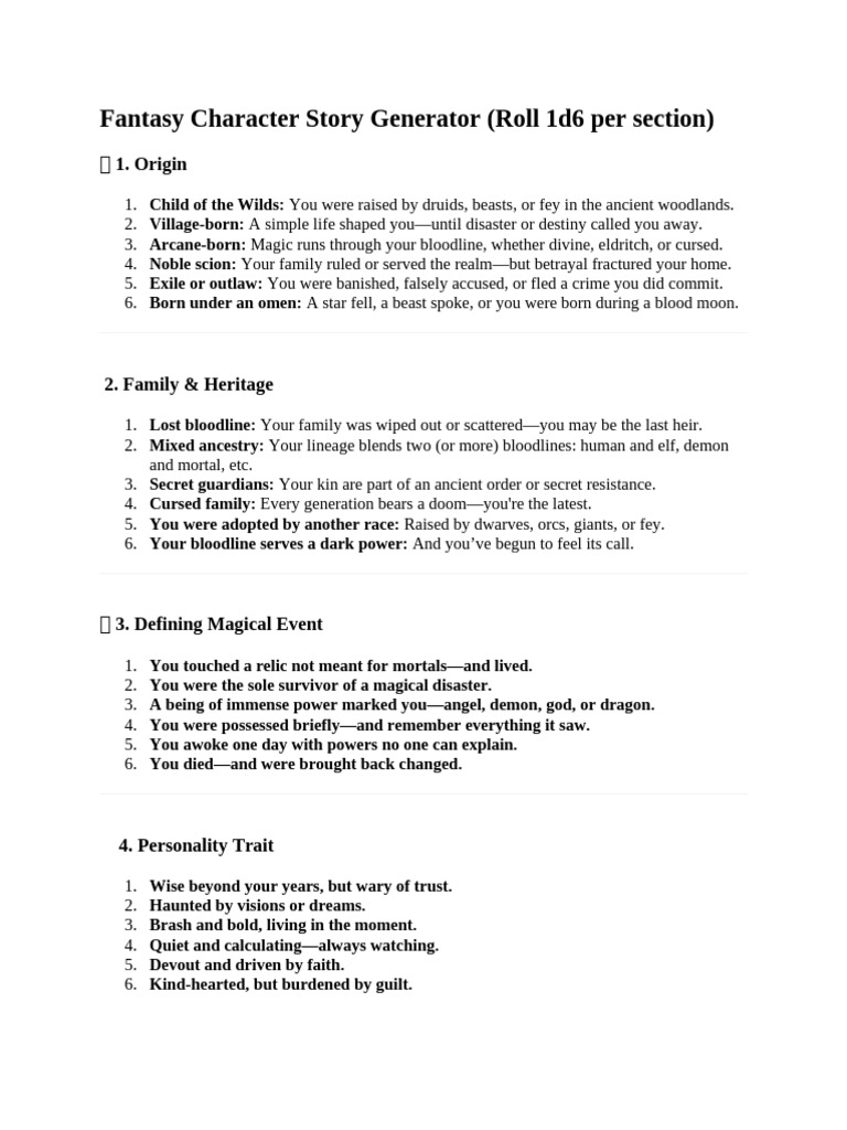 Fantasy Character Story Generator | PDF | Dream