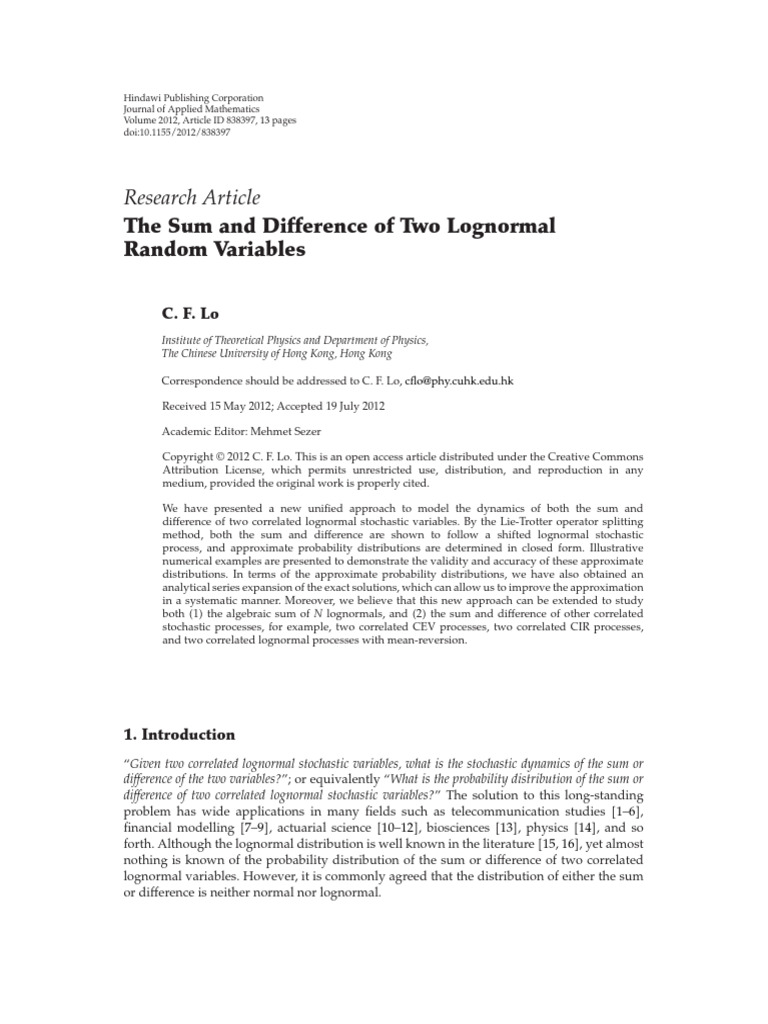 Sum and Difference of Two Lognormal Random Variables | PDF | Exponential Function | Random Variable