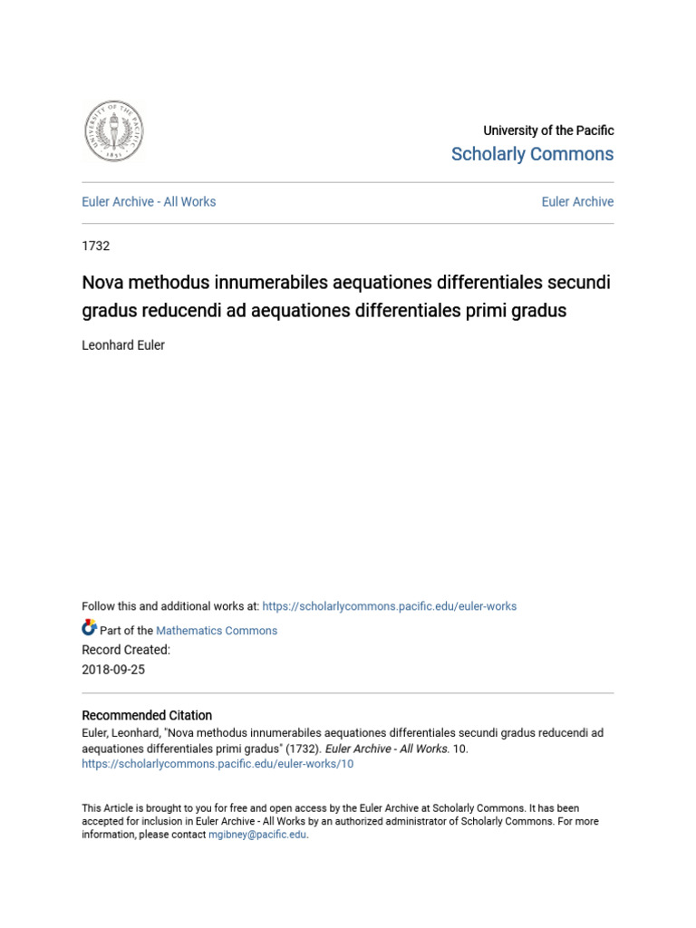 1732 Nova Methodus Innumerabiles Aequationes Differentiales Secundi GR | PDF