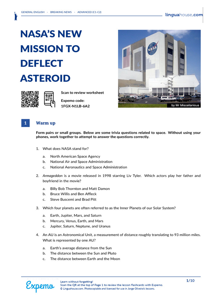 Nasas New Mission To Deflect Asteroid American English Student C1 C2 | PDF | Nasa | Asteroid