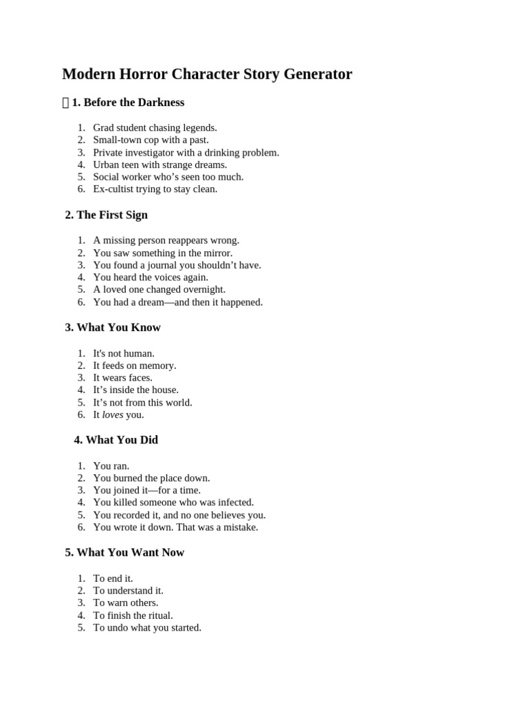 Modern Horror Character Story Generator | PDF
