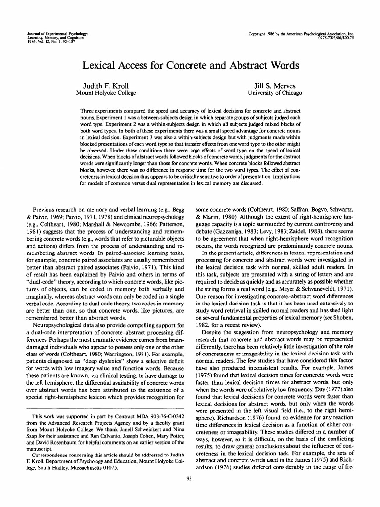 Lexical Access for Concrete and Abstract Words | PDF | Lexicon | Memory
