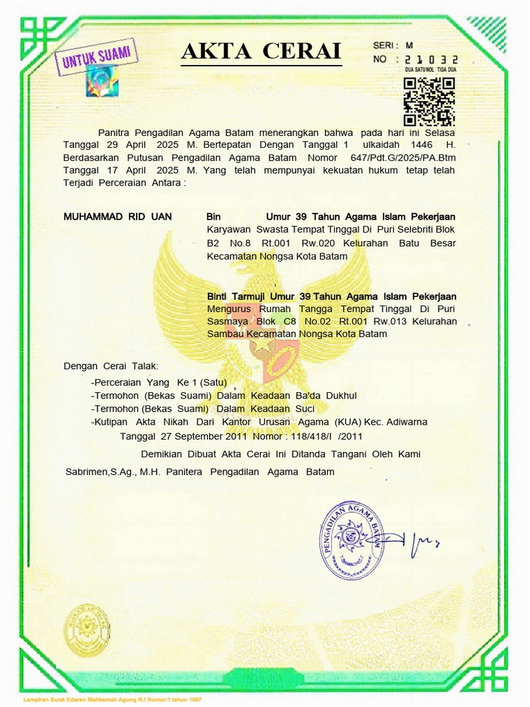 Akta Cerai X Suami - 079 | PDF