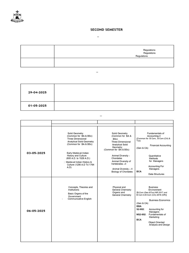 UG II SEM 2024 TIME TABLE | PDF | Biochemistry | Chemistry