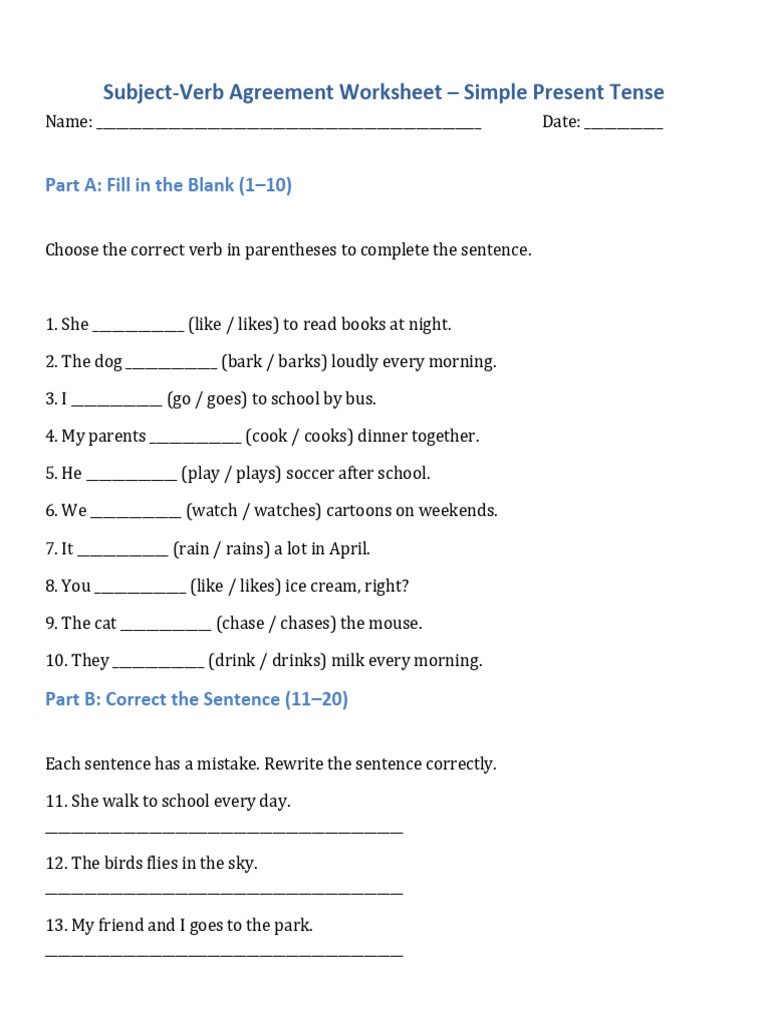 Subject-Verb Agreement Worksheet | PDF