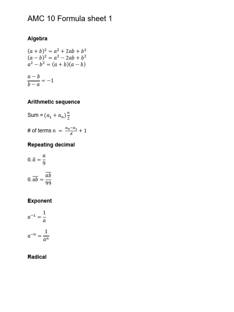 AMC 10 Formula Sheet 1 - For Part A Questions | PDF