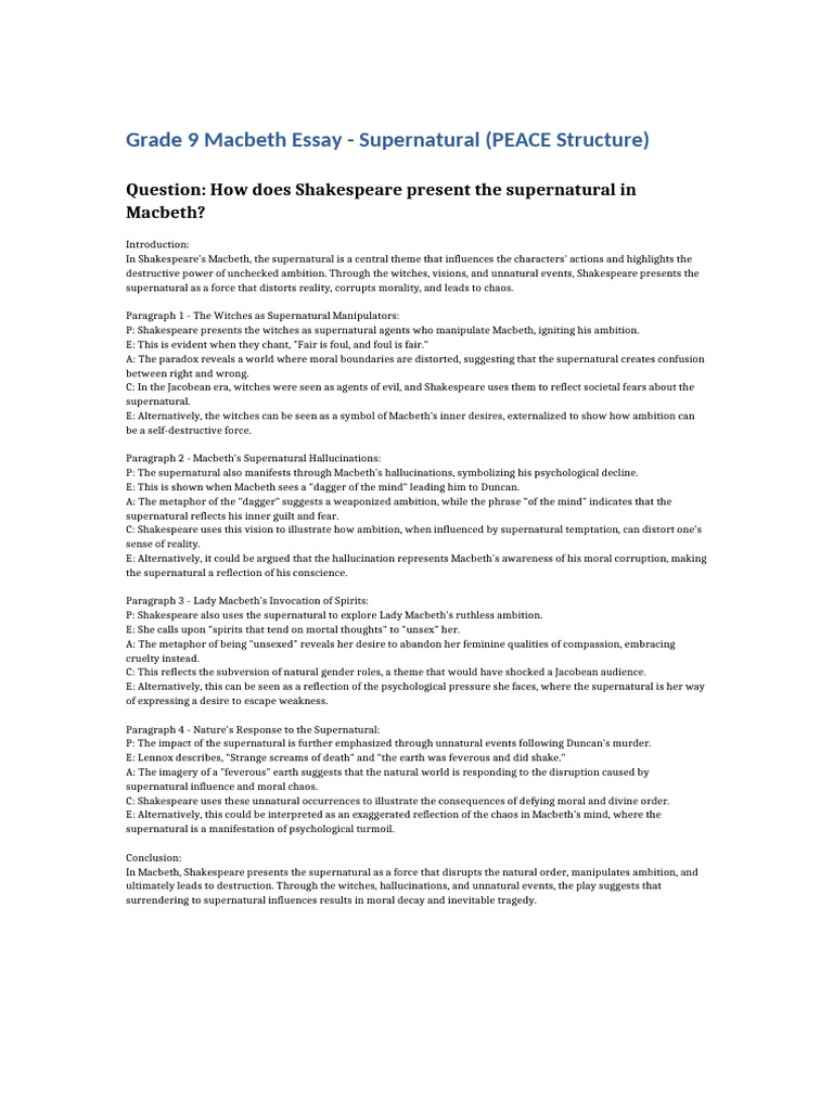Grade 9 Macbeth Supernatural PEACE Structure Essayi | PDF | Ebenezer Scrooge | Macbeth