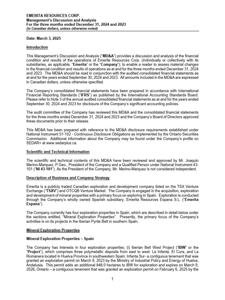 Emerita Interim MD&A - Mar 3 2025 | PDF | Silver | Copper