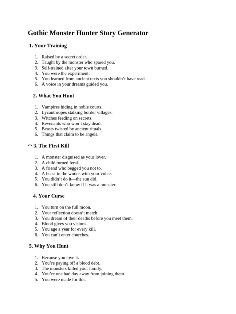 Gothic Monster Hunter Story Generator | PDF
