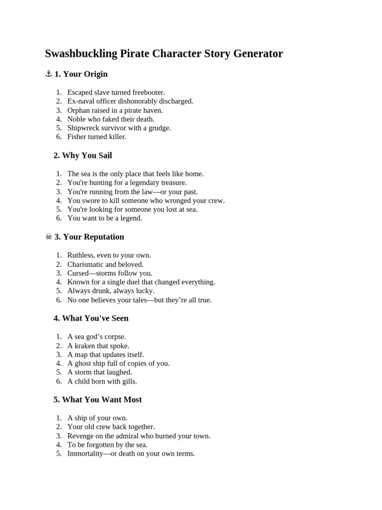 Swashbuckling Pirate Character Story Generator | PDF