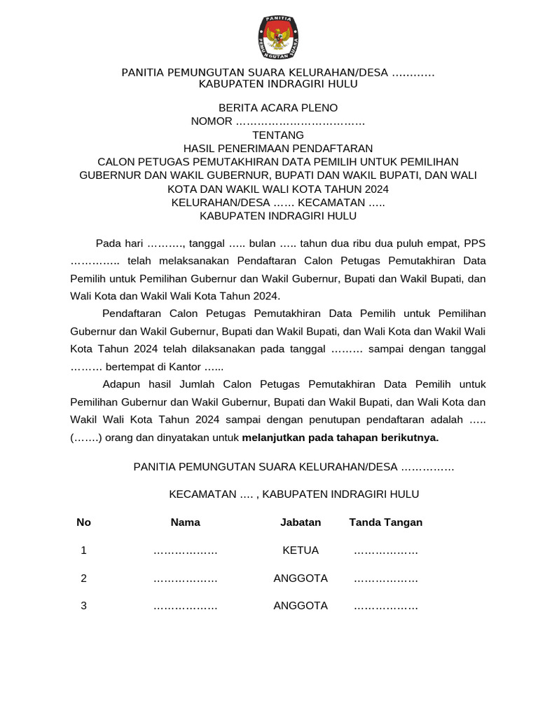 Berita Acara Hasil Penerimaan Pendaftaran Pantarlih | PDF