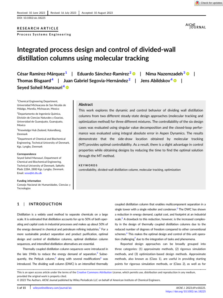 AIChE Journal - 2023 - Ramírez Márquez - Integrated Process Design and Control of Divided Wall ...