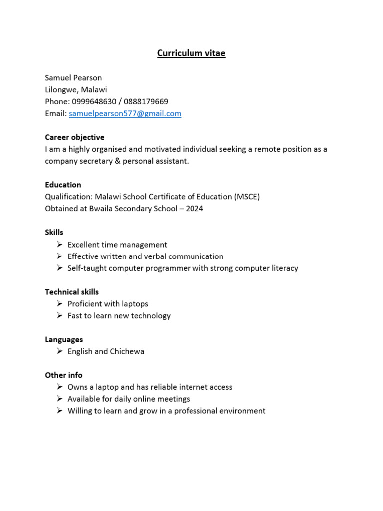 Curriculum Vitae - Samuel Pearson | PDF
