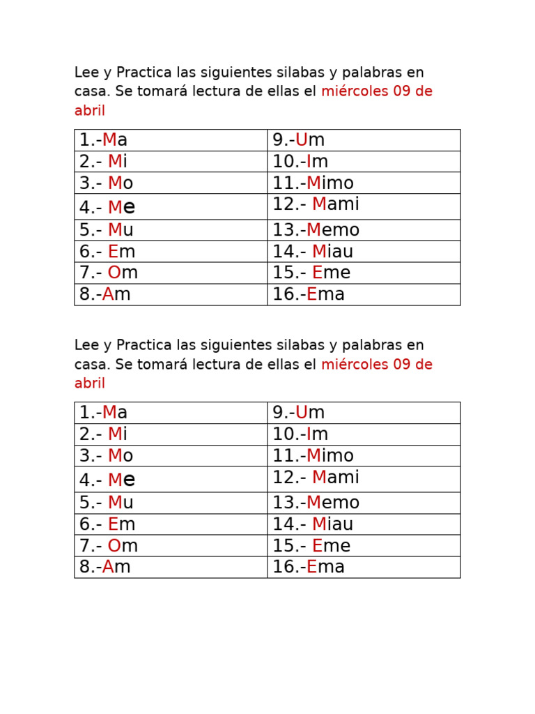 Lectura 1 Palabras Con M | PDF