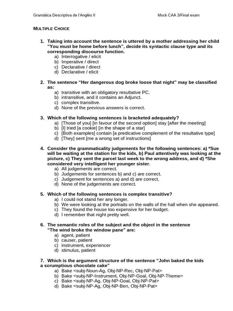 Mock Test 3 and Final Exam 2020 2021 | PDF | Subject (Grammar ...