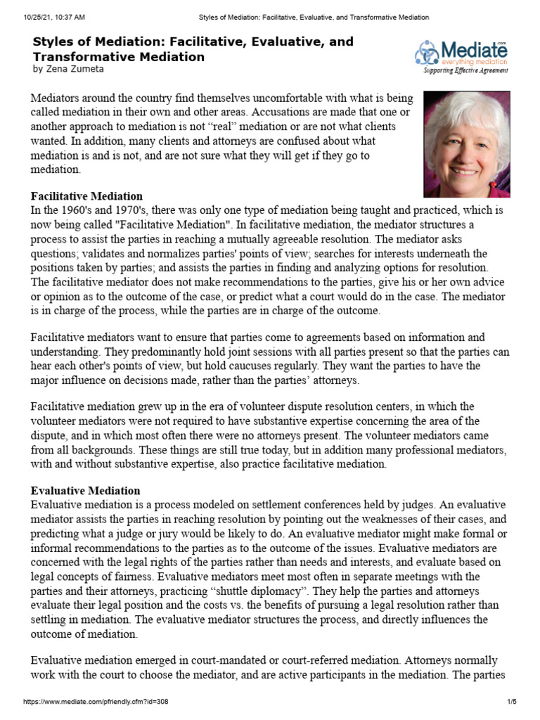 Models Styles of Mediation - Facilitative, Evaluative, and ...