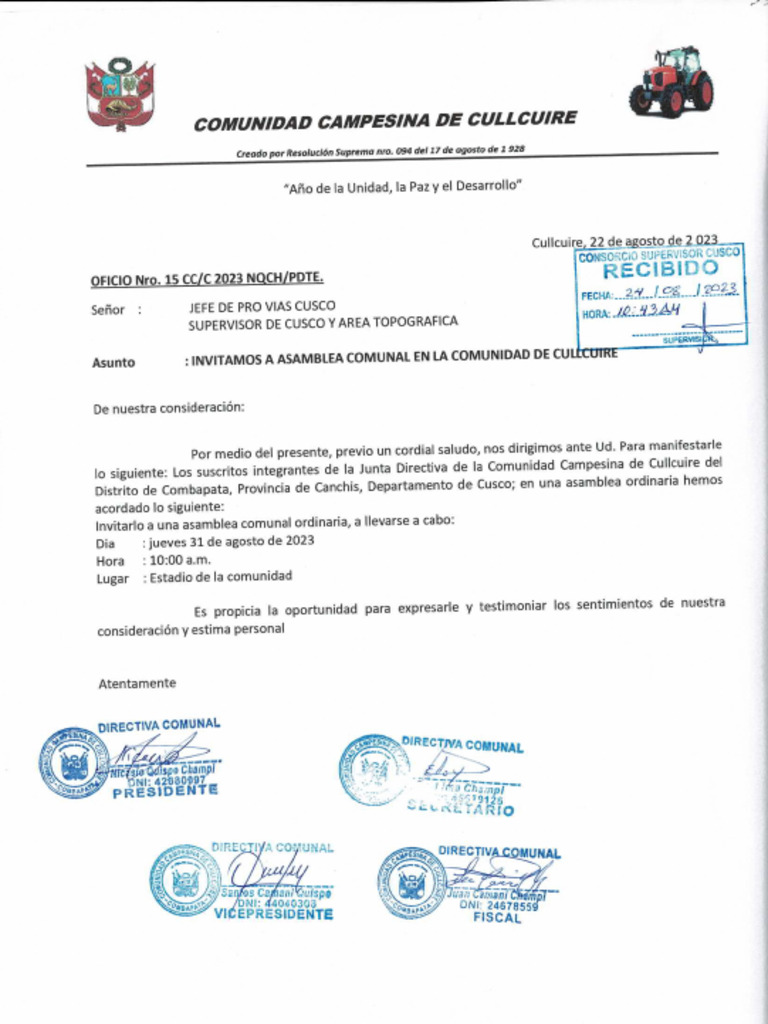 Oficio Nro.15cc.c2023 NQCH - Pdte. | PDF