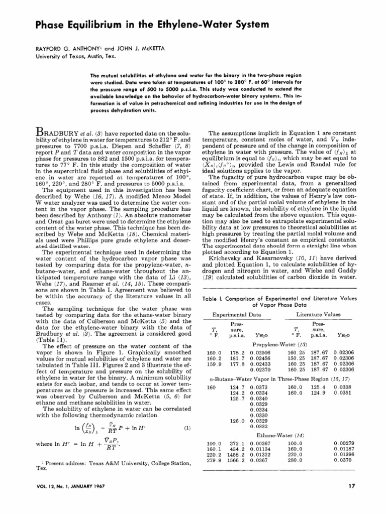 Anthony Mcketta 2002 Phase Equilibrium in The Ethylene Water System ...