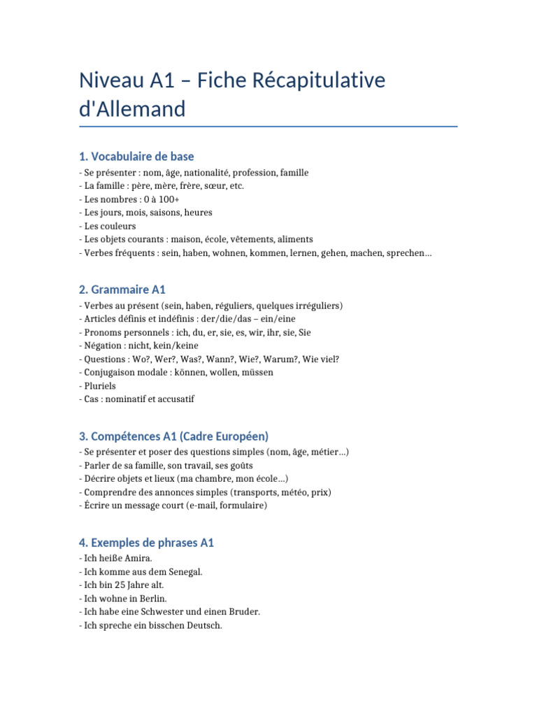 Fiche Récapitulative Allemand Niveau A1 | PDF