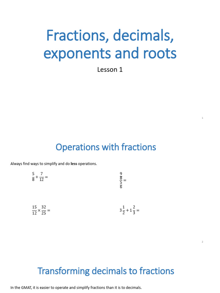 GMAT Math: Fractions, Decimals, Exponents | PDF | Exponentiation | Algebra
