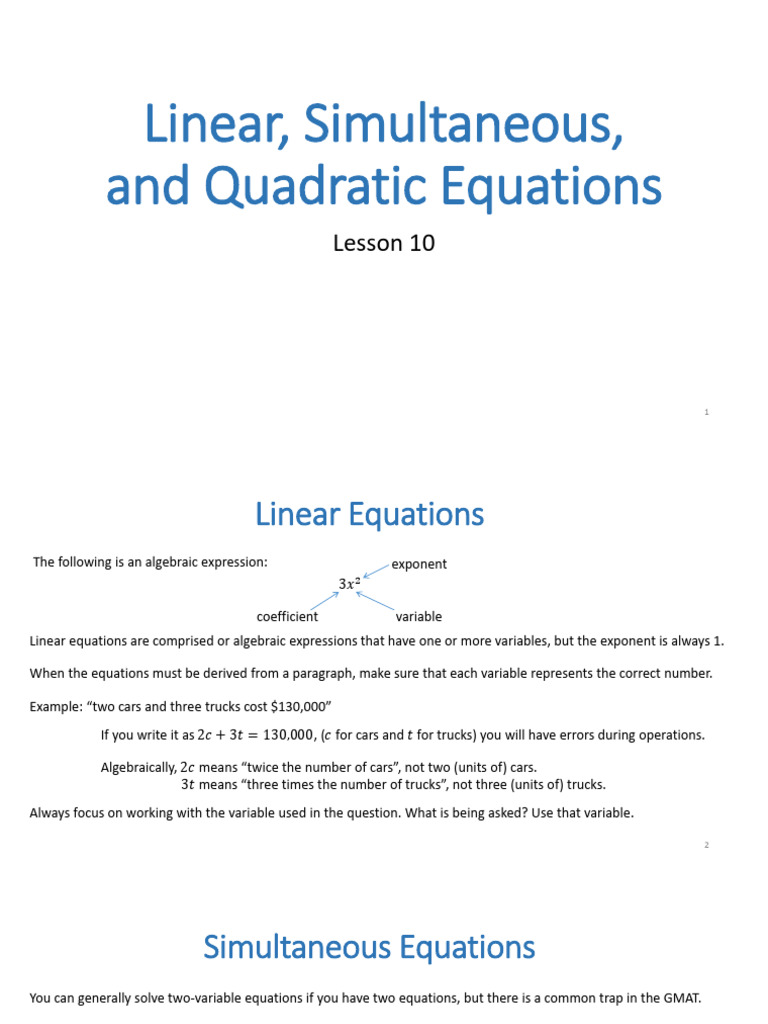 Lesson 10 (F) Linear, Simultaneous, and Quadratic Equations | PDF | Equations | Factorization