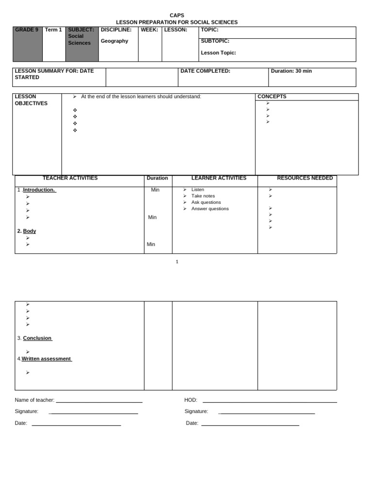 Grade 9 Social Sciences Lesson Plan | PDF