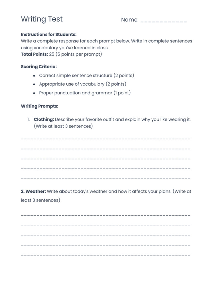 ESL Beginner Writing Pre-Test | PDF