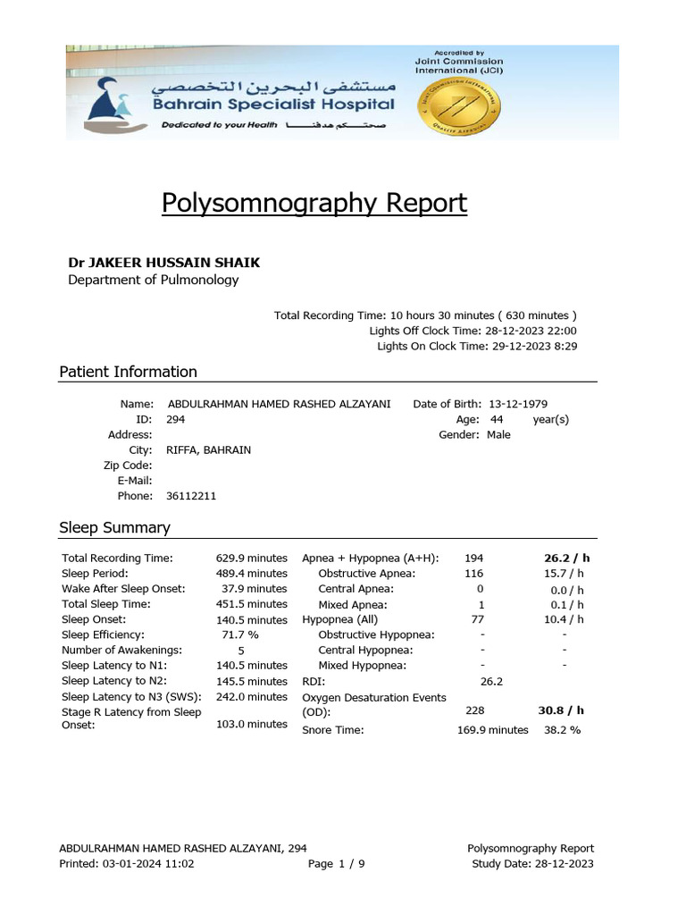 Polysomnography Report for Abdulrahman Alzayani | PDF | Clinical ...