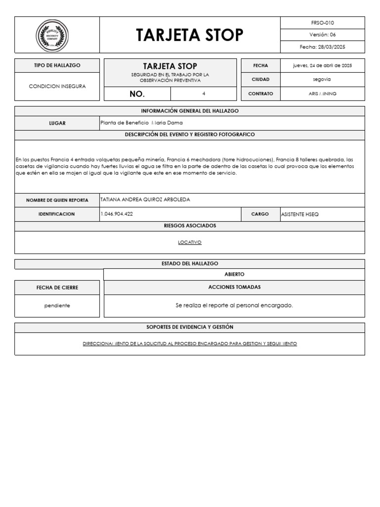 FRSO-010 Tarjeta STOP - PLANTA MARIA DAMA | PDF