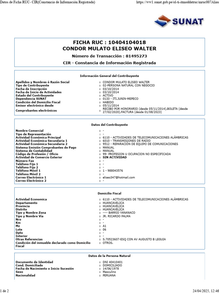 Ficha RUC de Eliseo Walter Condor | PDF