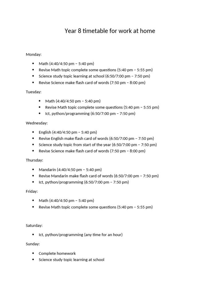Year 8 Timetable For Work at Home | PDF