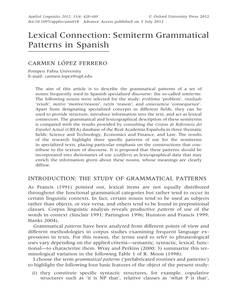 Lexical Connection. Semiterm Grammatical Patterns in Spanish | PDF | Idiom | Adjective