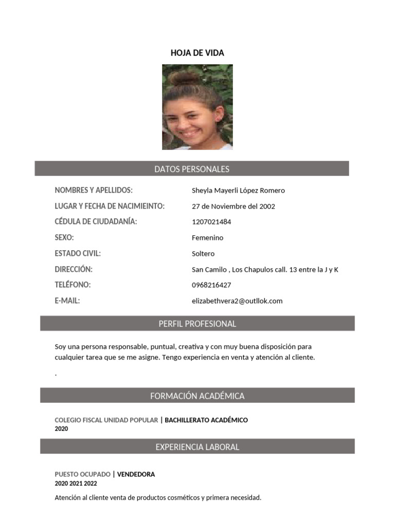 Hoja de Vida Sheyla | PDF