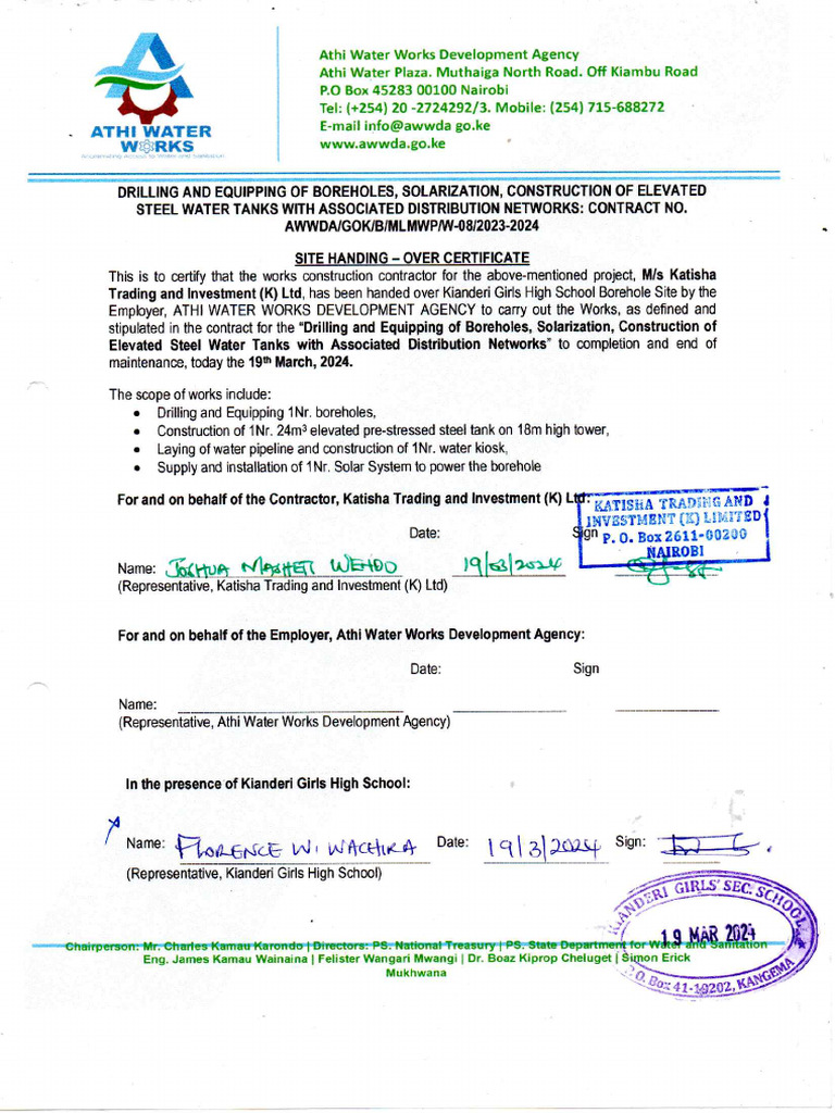 Kianderi Site Handover Certificate | PDF