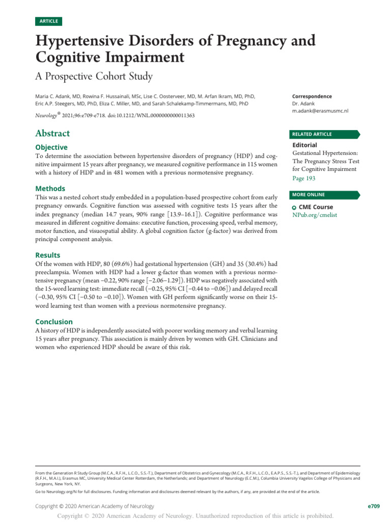 Hypertensive Disorders of Pregnancy and Cognitive Impairment | PDF ...