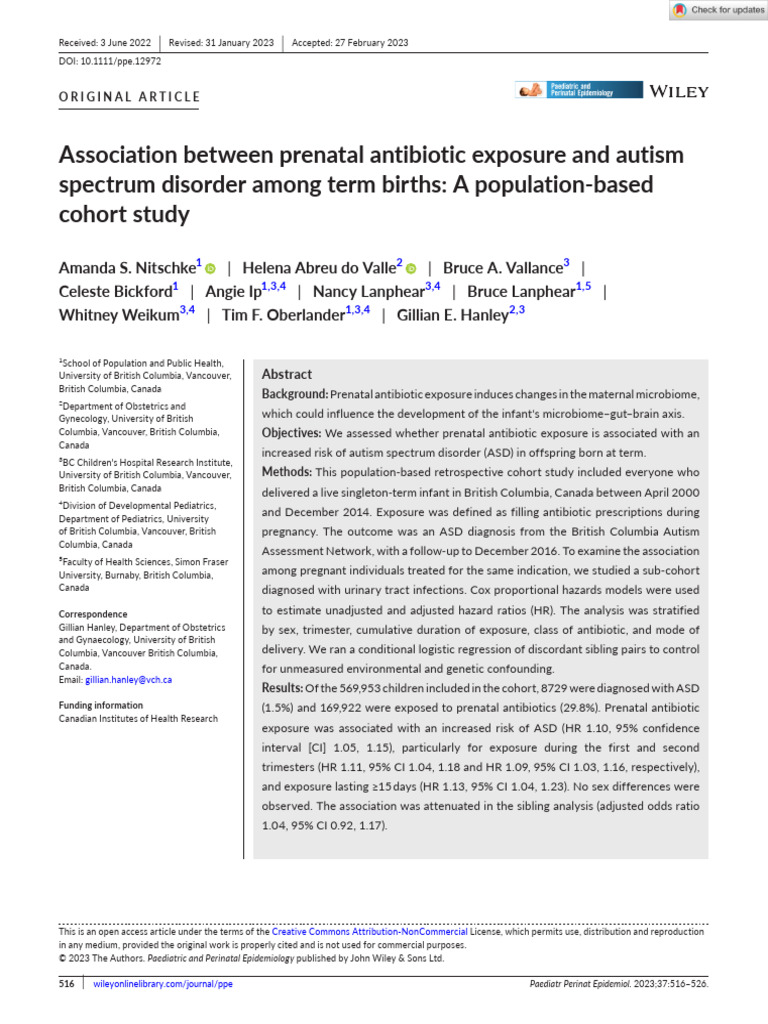 Paediatric Perinatal Epid - 2023 - Nitschke - Association between prenatal antibiotic exposure ...