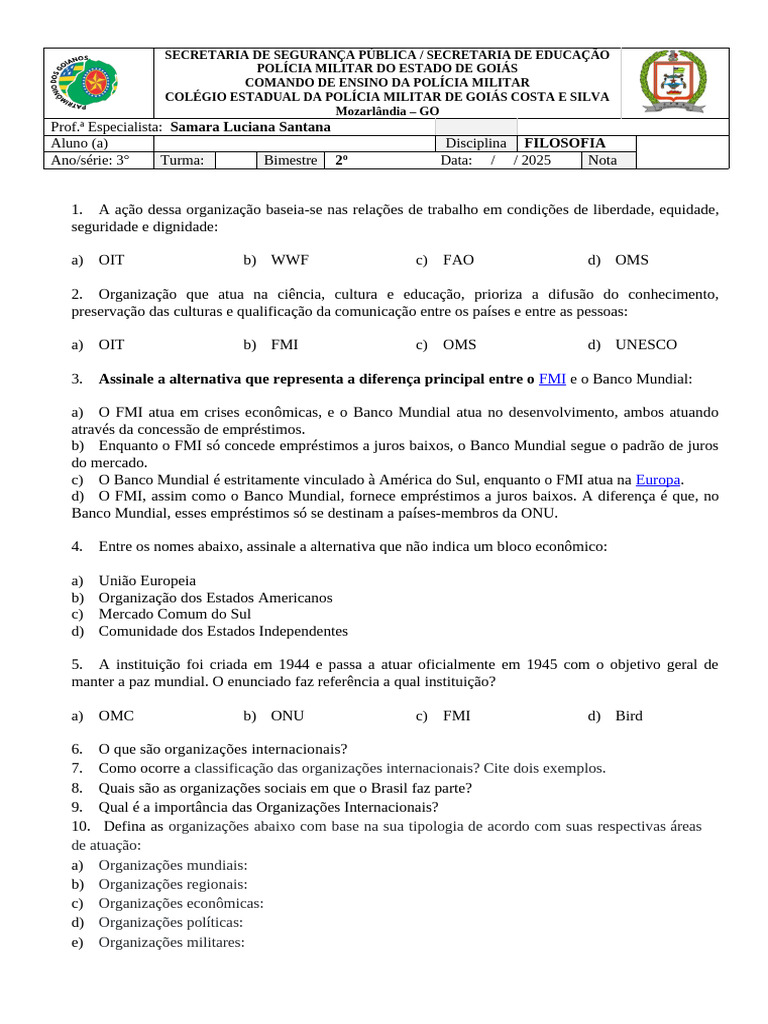 ATIVIDADE DE FILOSOFIA 3°ANO | PDF | Fundo Monetário Internacional | Banco Mundial