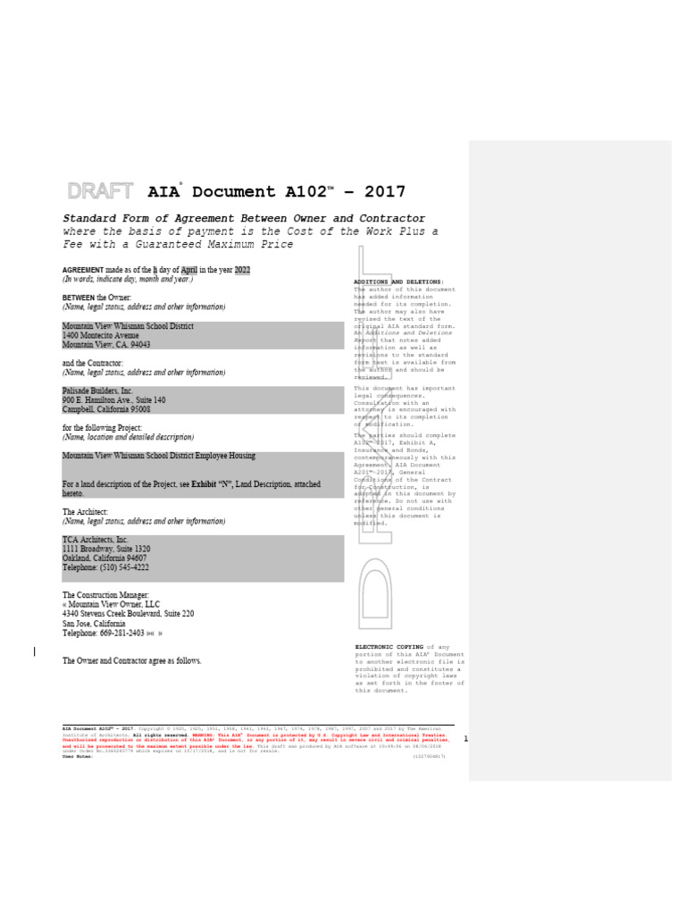 AIA A102 - Standard Form of Agreement | PDF | Employment | Apprenticeship