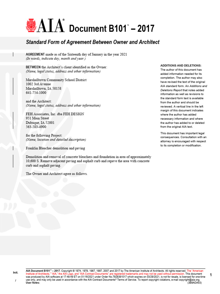 B101 Agreement Franklin Demolition Marshalltown CSD - Final | PDF | Architect | Liability Insurance
