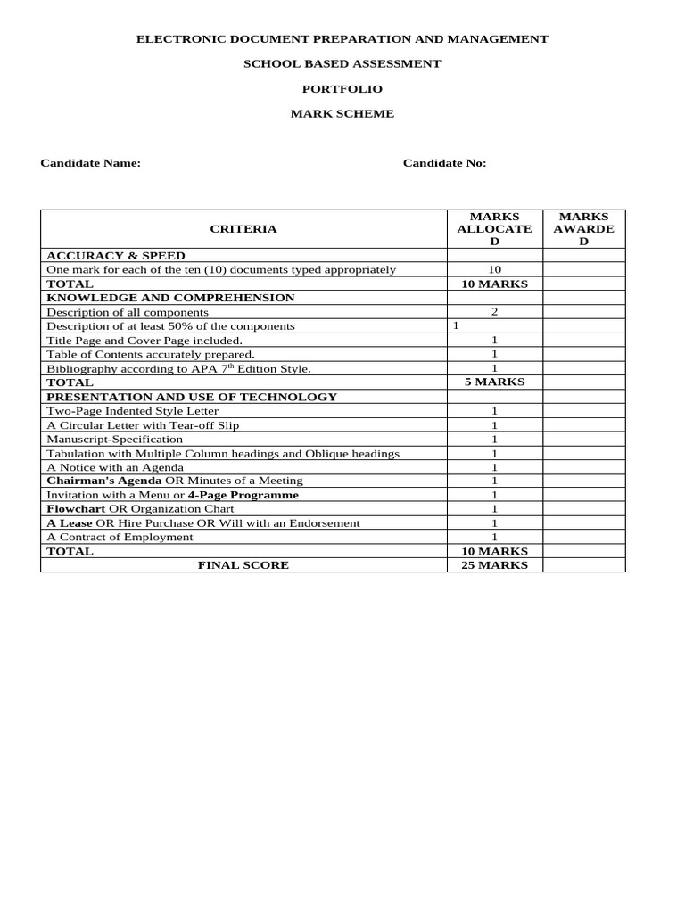 SBA Mark Scheme-Portfolio - 2025 | PDF