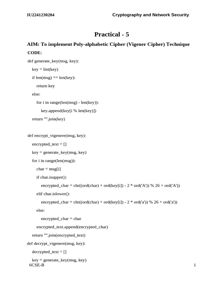 Practical - 5: AIM: To Implement Poly-Alphabetic Cipher (Vigener Cipher) Technique | PDF
