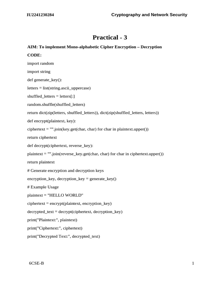 Mono-Alphabetic Cipher Implementation | PDF