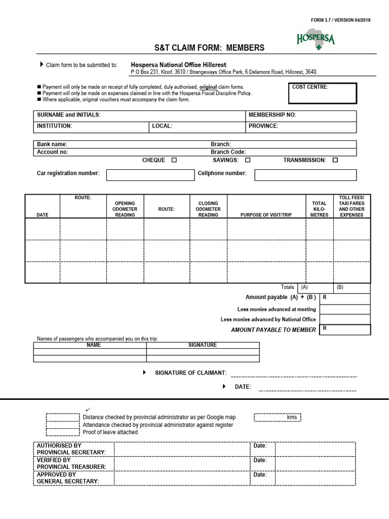 S&T Claim Form for Members | PDF | Transport