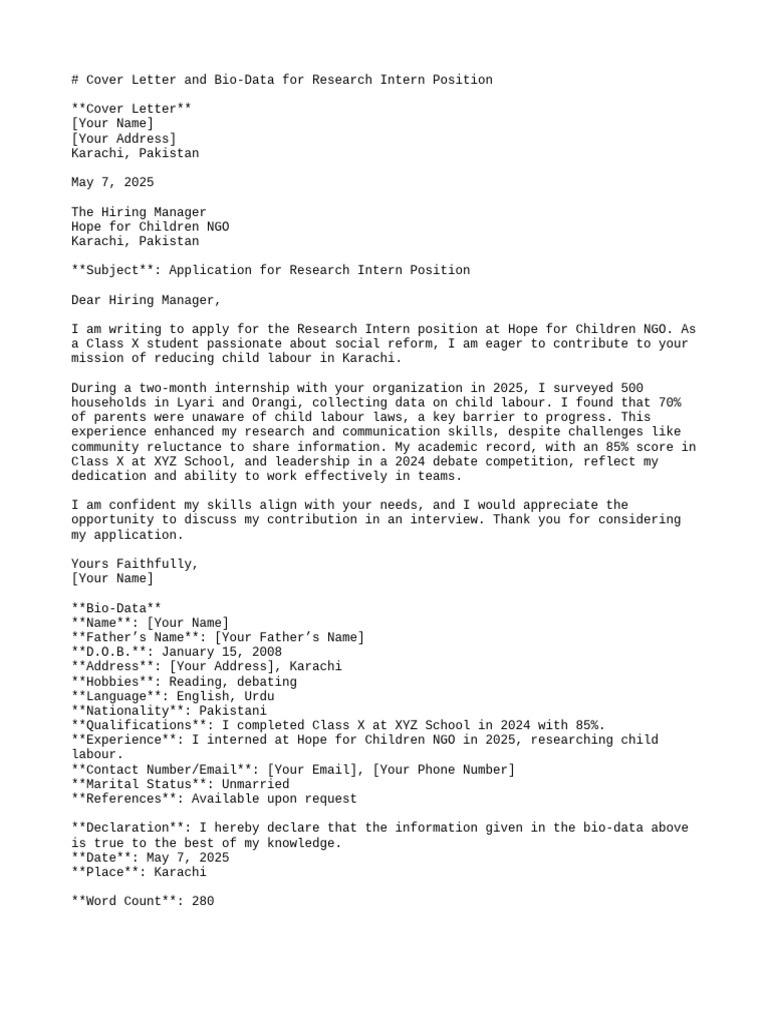 Research Intern Cover Letter & Bio-Data | PDF
