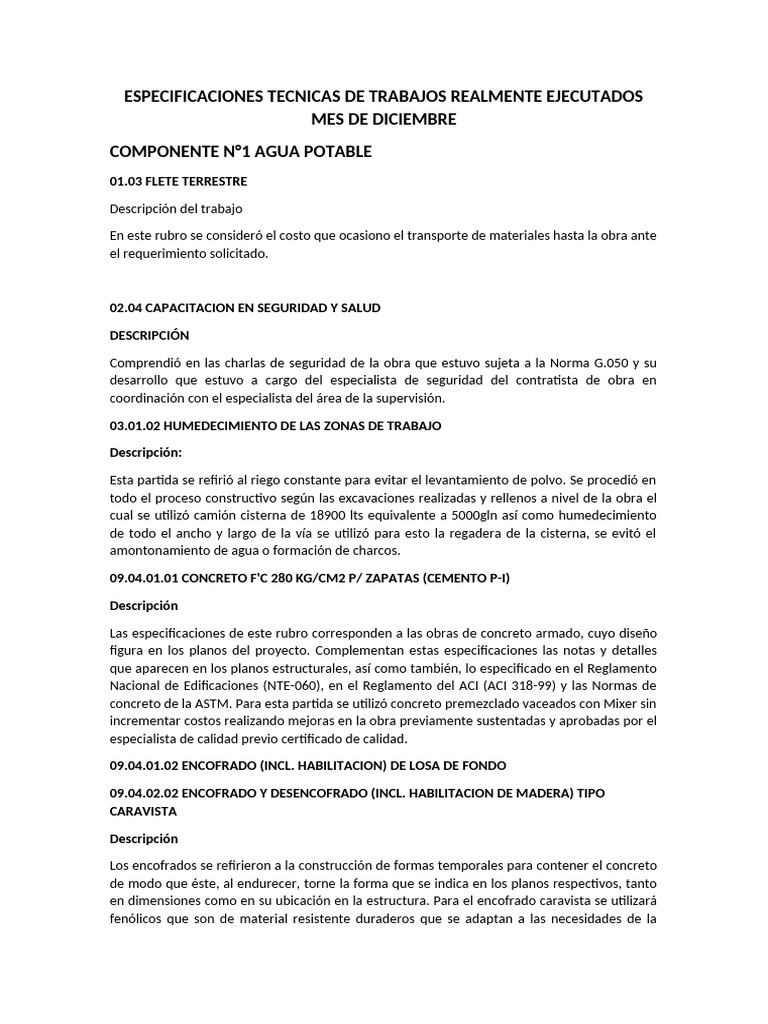 Especificaciones Tecnicas de Trabajos Realmente Ejecutados Mes de Diciembre | PDF | Hormigón ...